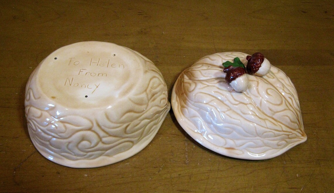Ceramic Walnut Nut Dish signed with Ceramic Acorns & Leaves - Etsy