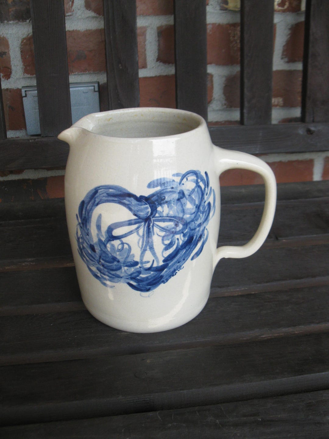 Casey Pottery Stoneware Pitcher W/ COBALT BLUE Heart Wreath-signed - 7. ...