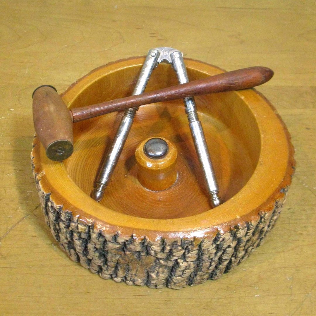 Vintage Nut Dish- Live Edge Tree Trunk- Nutcracker & Mallet- Log Dish ...