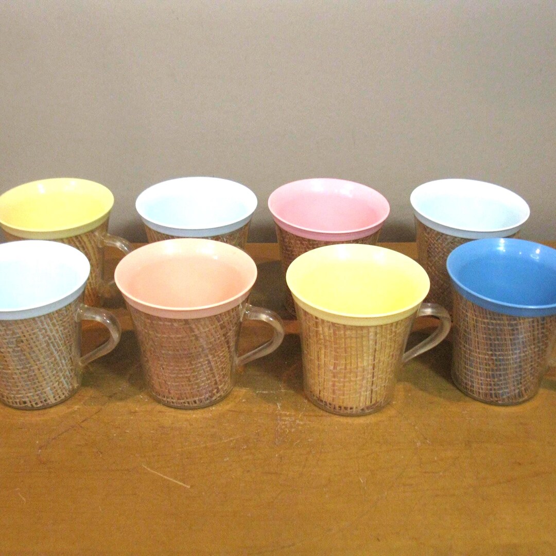 Retro Set of 8 Raffiaware Coffee Cups-thermo-temp - Vintage Tumblers ...