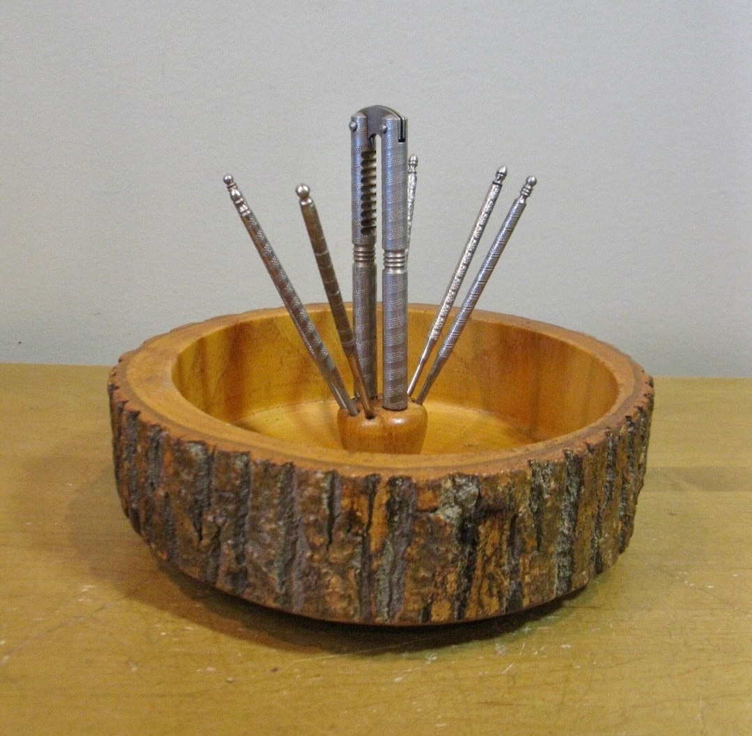 Vintage Nut Dish- Tree Trunk- Nutcracker and 6 Picks- Log Dish- Retro ...