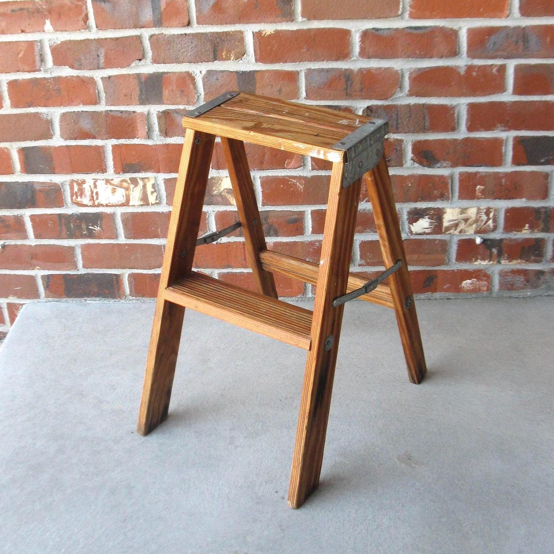 Wooden Step Ladder -vintage Step Stool -folding Ladder -plant Stand ...