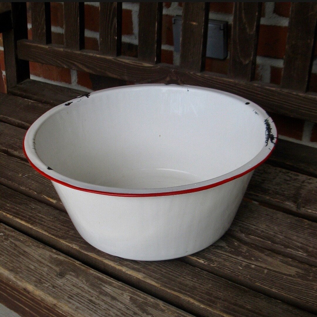 LARGE Porcelain Enamel Bowl 13 1/2 Round white With Red Trim Enamelware ...