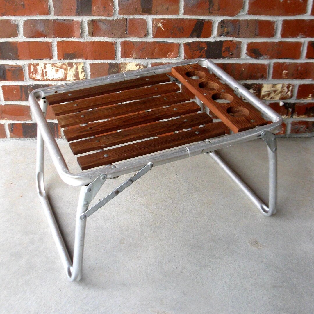 Rare MCM Wood Slat and Aluminum Side Patio Table -small Folding Table ...
