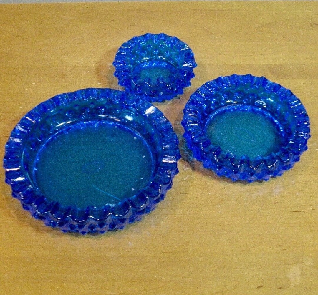 1960s FENTON Nesting Ashtrays- Set of 3 -COBALT BLUE Hobnail- 7"- 5" -3 ...