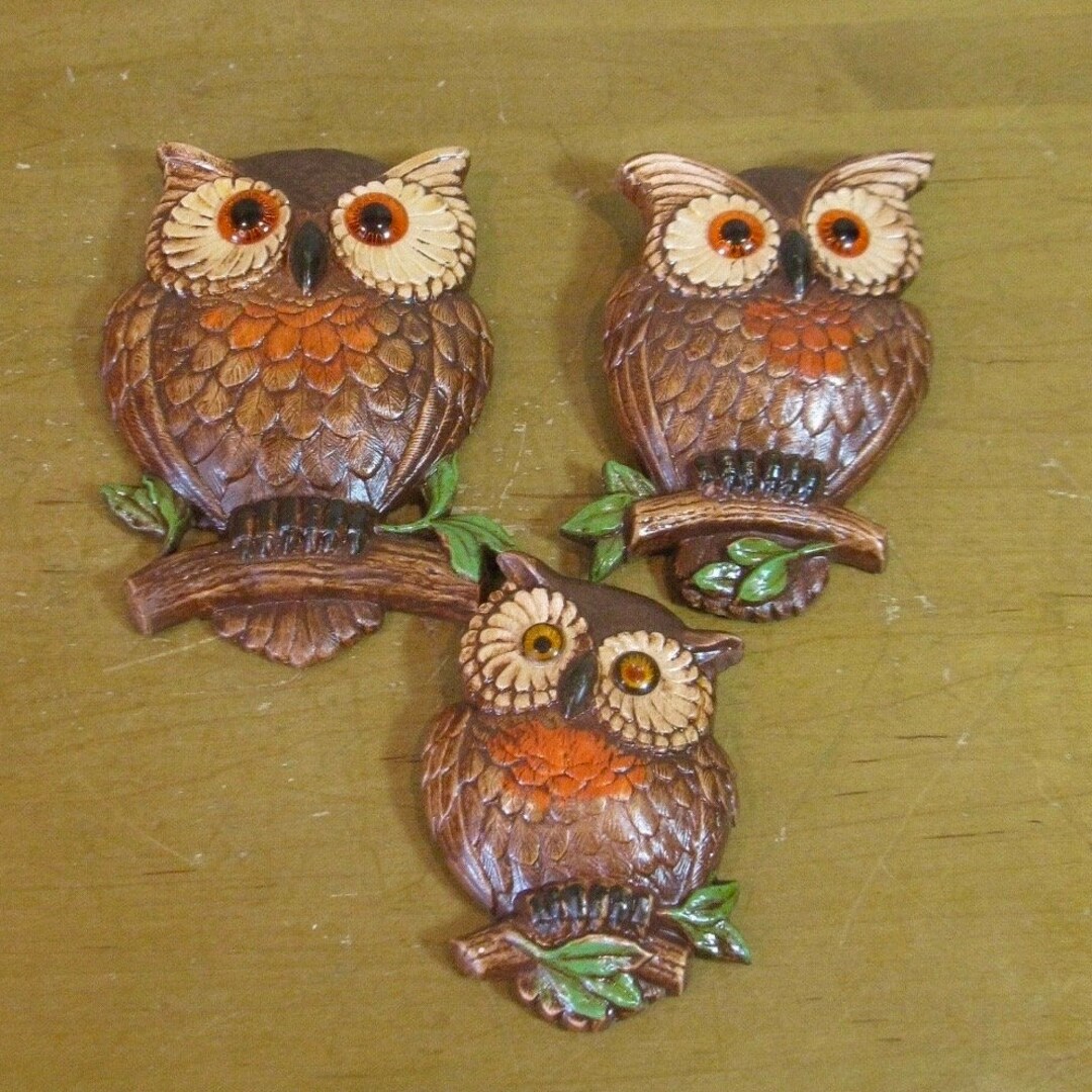 1970s OWL FAMILY Set of 3 owl Wall Hanging Molded Chalkware Kitsch ...