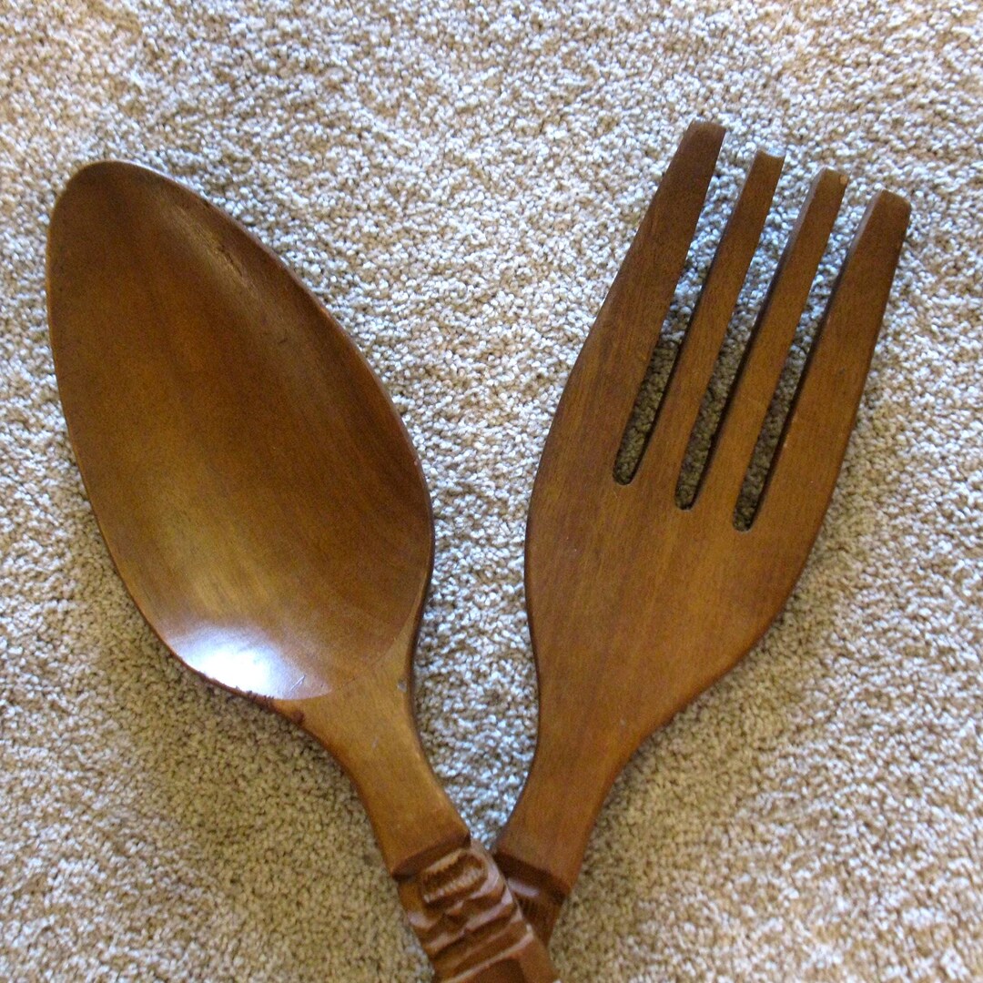 X LARGE Wood Fork and Spoon Set carved Tiki 28 Tall oversized Wooden ...