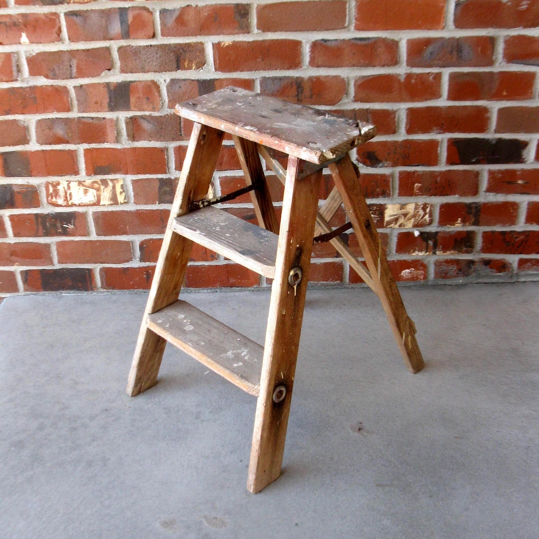Shabby Wooden Step Ladder folding Ladder Weathered Plant Stand wood ...