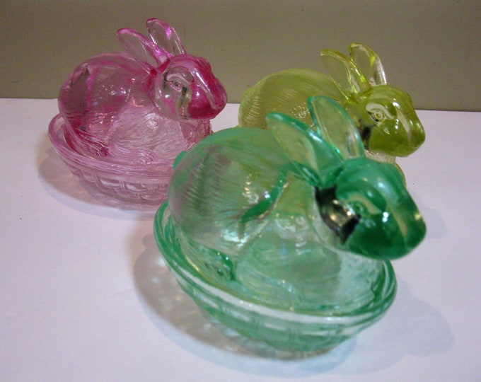 SET of 3 Easter Bunny RABBIT on Nest Covered Candy Dish pastel Colors ...