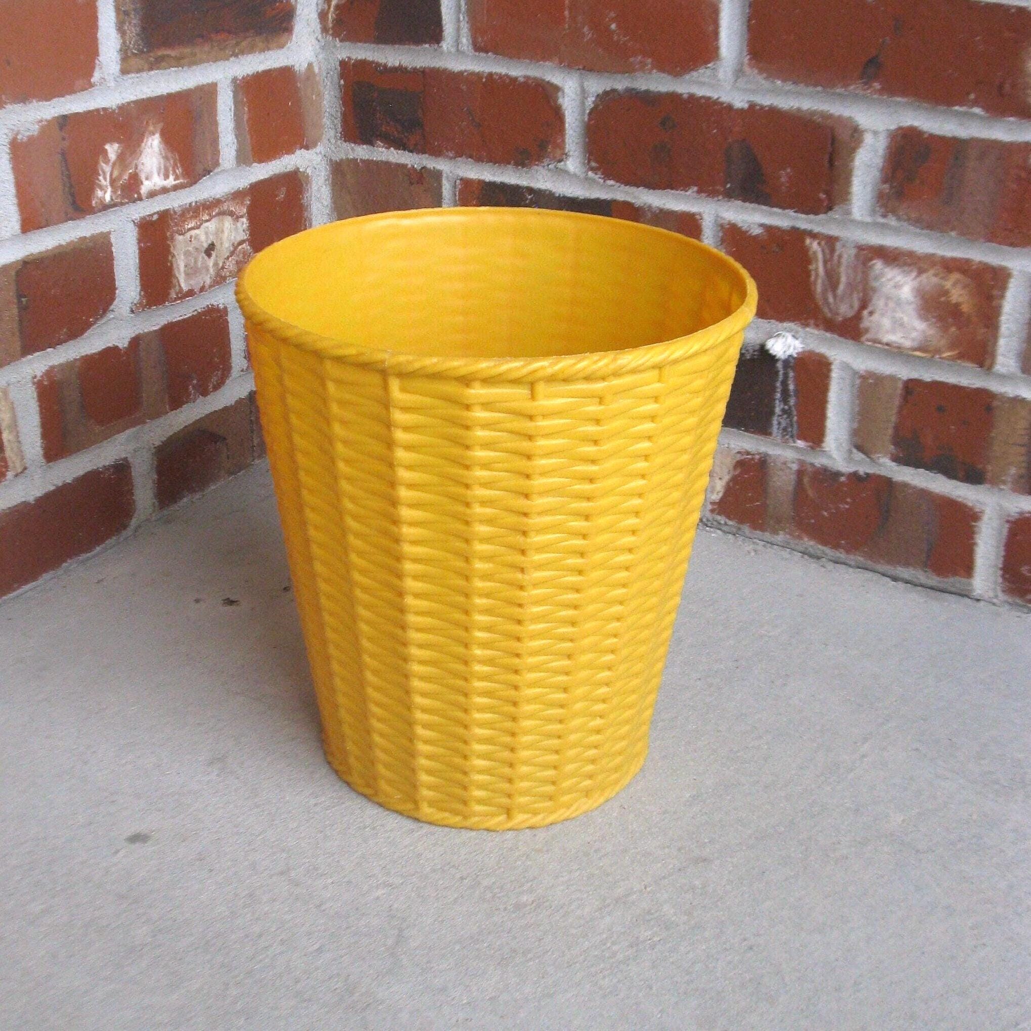 1970s FAUX WICKER Yellow/ Gold Waste Basket -retro Plastic Trash Can ...