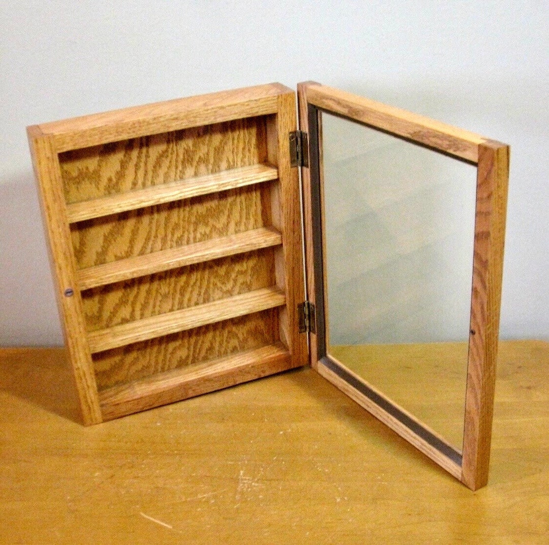 OAK Wood Wall Curio SHADOW BOX 13 X 11. Hinged Glass Door knick Knack ...