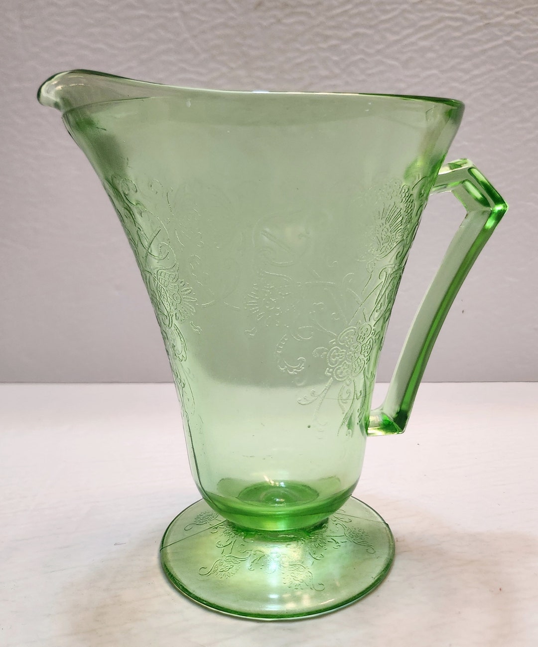 Elegant Green Depression Glass Floral Design Pitcher -- #29231 - Etsy