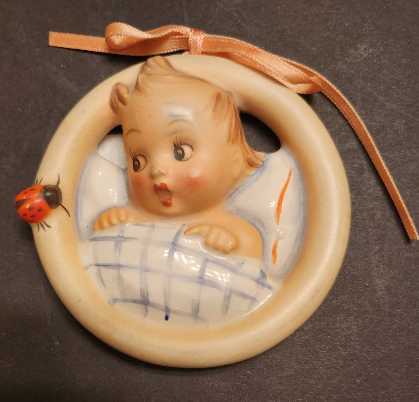 Vintage 1935 Hummel Baby in Bed & A Ladybug Round Ceramic Plague 20381 ...