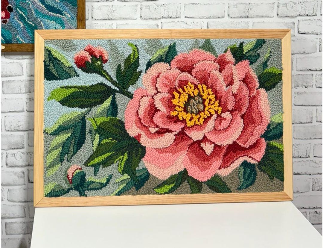 Punch Needle Rug Kit - PEONY Two Optional Sizes Monks Cloth, Wool Yarn ...