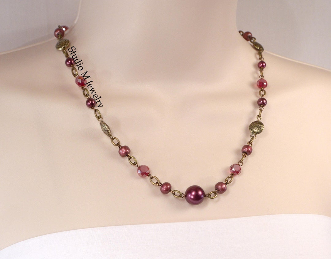 Dark Red Necklace, Red Crystal Necklace, Burgundy Pearl Necklace ...