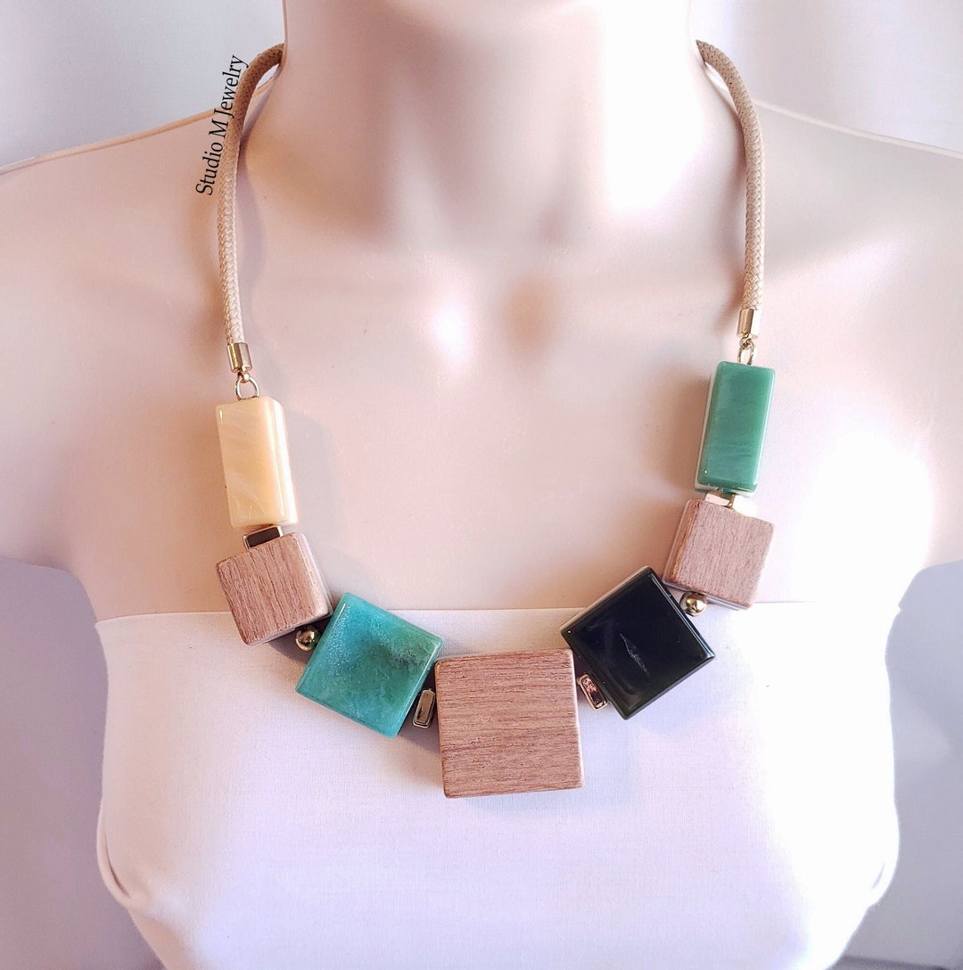 Geometric Wood Necklace, Dramatic Square Bib Necklace, Holiday ...