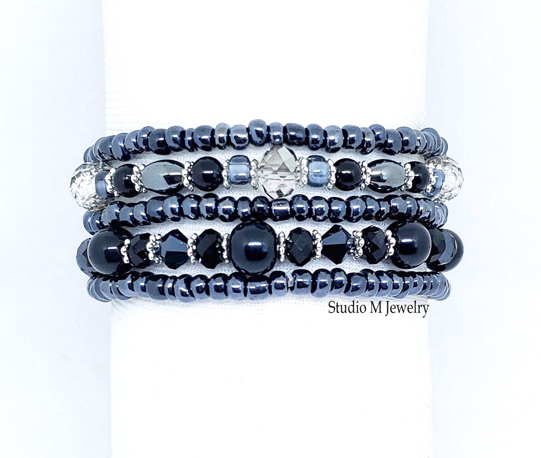 Black Crystal & Hematite Stone Stretch Bracelets, 5 Loose Stacking ...