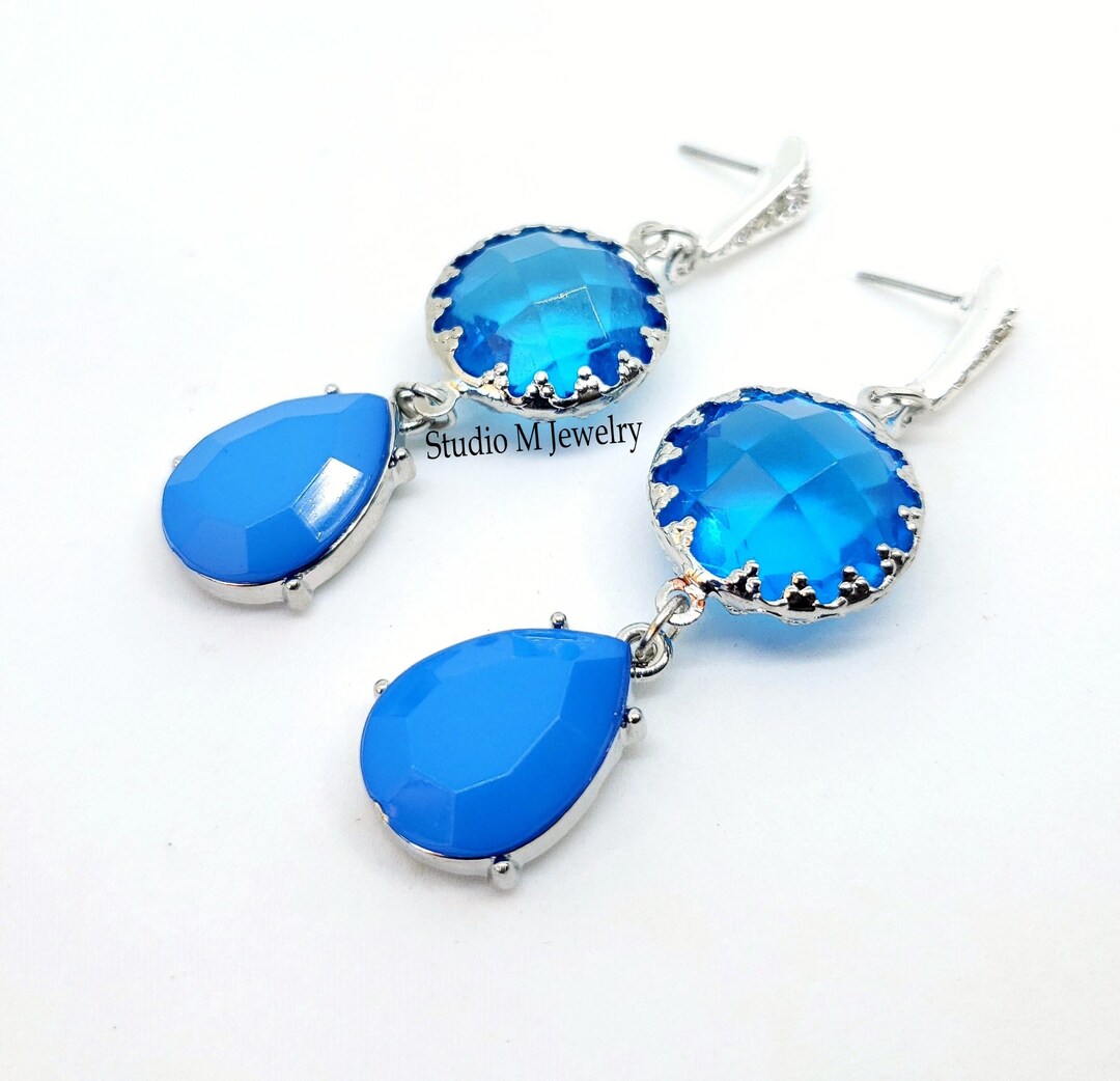 Blue Teardrop Dangle Earrings, Ocean Blue Bead Earrings, Silver Post ...