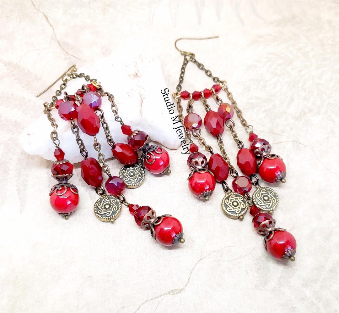 Red Jasper & Siam Crystal Earrings, Long Red Chandelier Earrings ...
