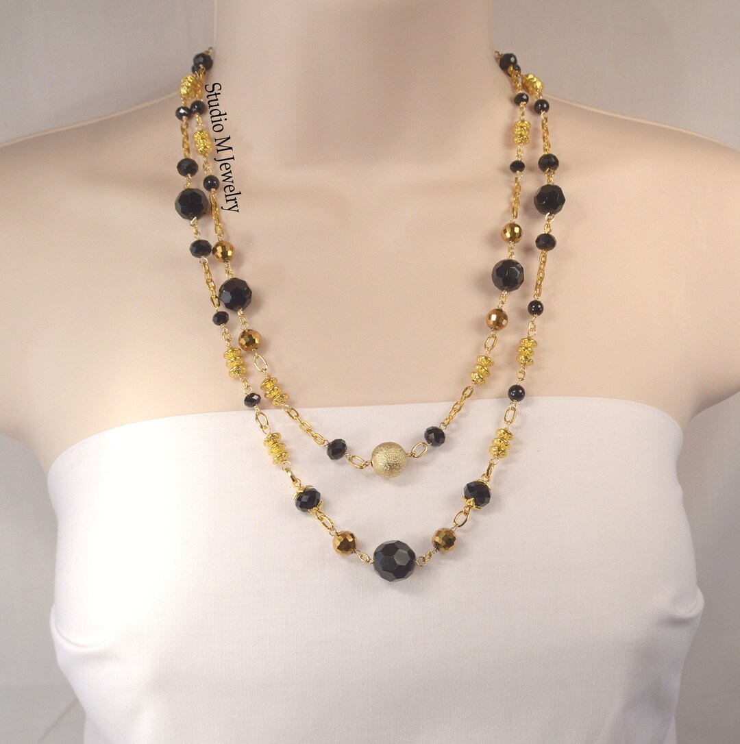 Layered Gold and Black Necklace, 2 Strand Midnight Black Crystal ...