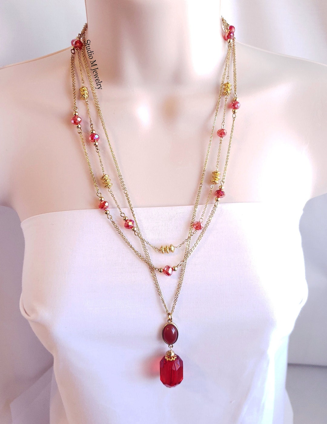 Gold Chain & Red Crystal Necklace, Gold Layered Necklace, Red Gold ...