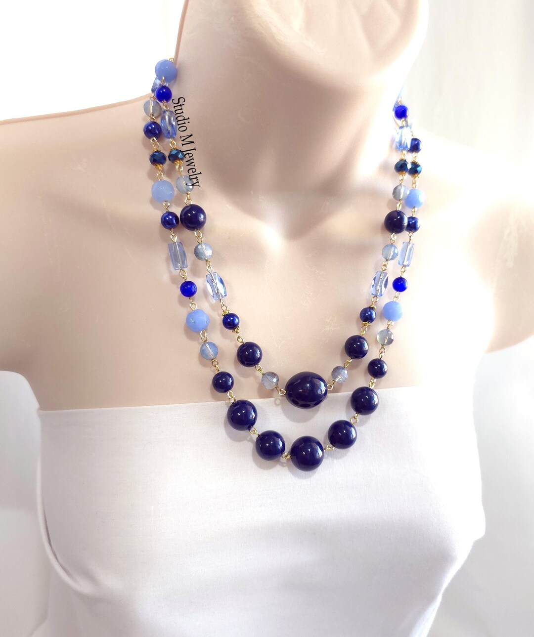 Shades of Blue Necklace, Chunky Blue Crystal Necklace, 2 Strand Blue ...