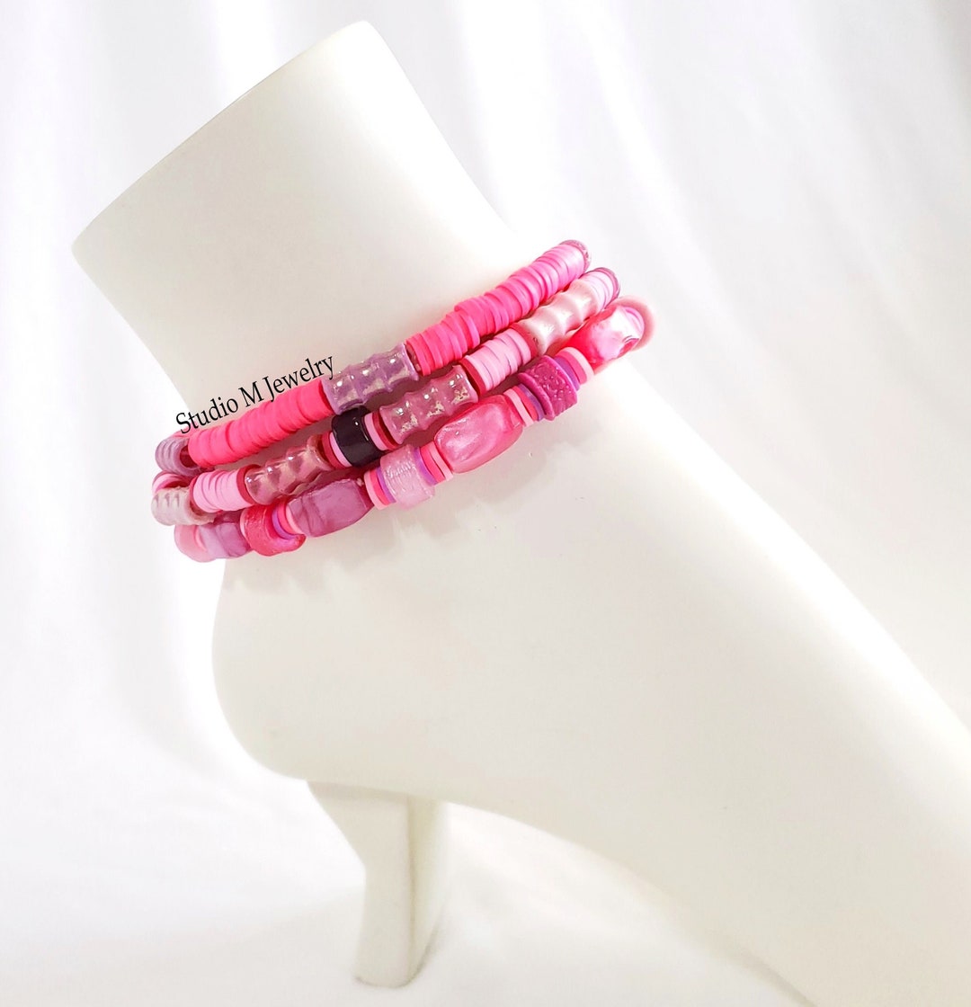 Pink & Purple Stretch Anklets, Shades of Pink With Purple Ankle ...