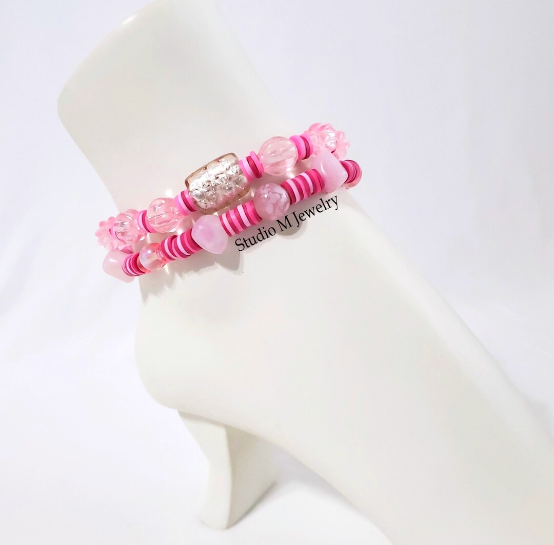Shades of Pink Stretch Anklets, Light & Dark Pink Ankle Bracelet Set ...