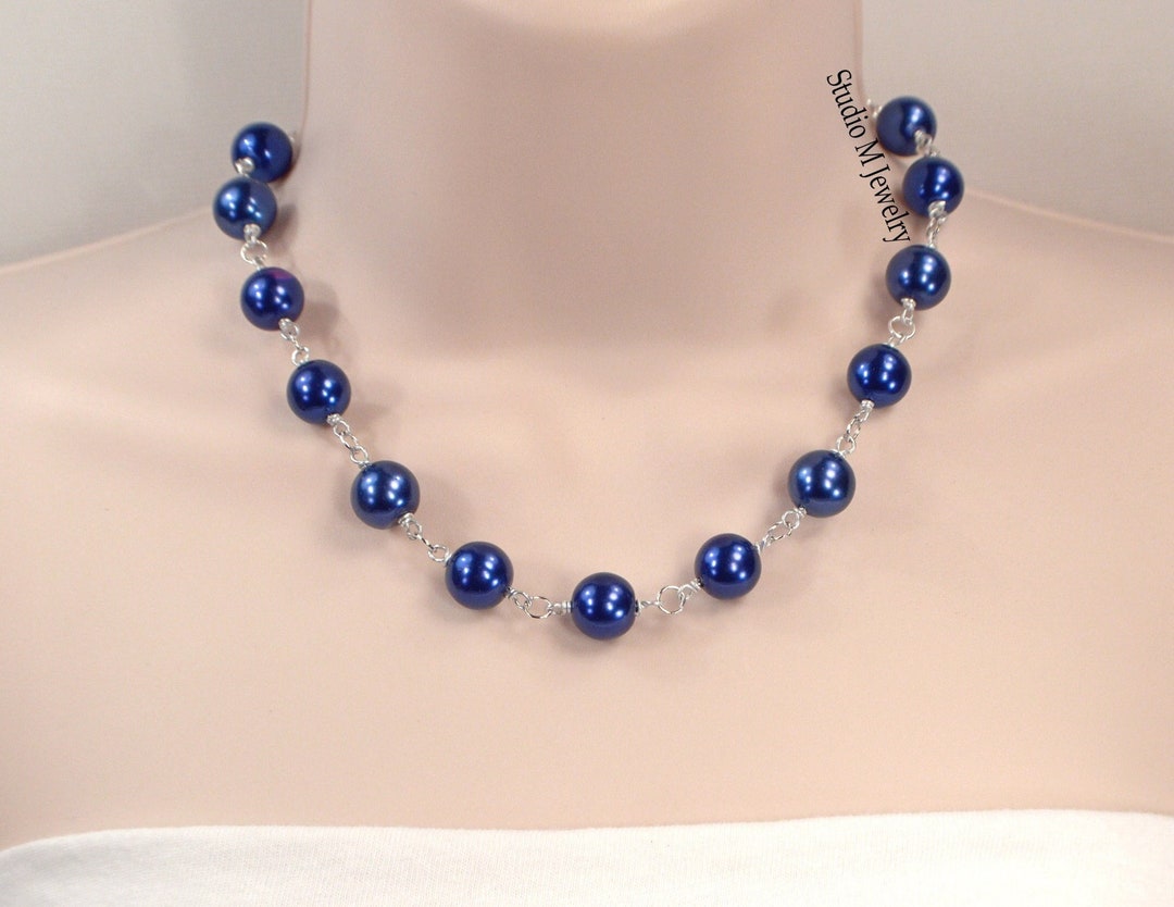 Blue Collar Necklace, Navy Blue Jewelry, Glass Pearl Ball Chunky ...