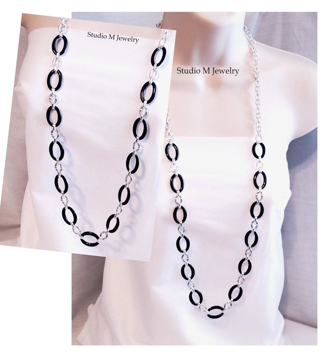 Navy Blue Necklace, Vintage Blue Silver Oval Chain Necklace, Long ...