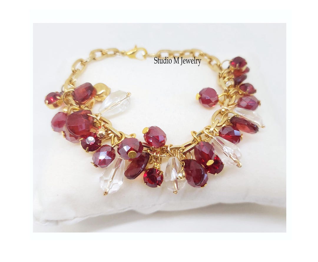Red & Gold Charm Bracelet, Ruby Red Crystal Bead Bracelet, Clear ...