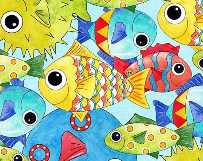 Packed Fish Light Blue Under the Sea Desiree's Designs QT Fabrics - Etsy