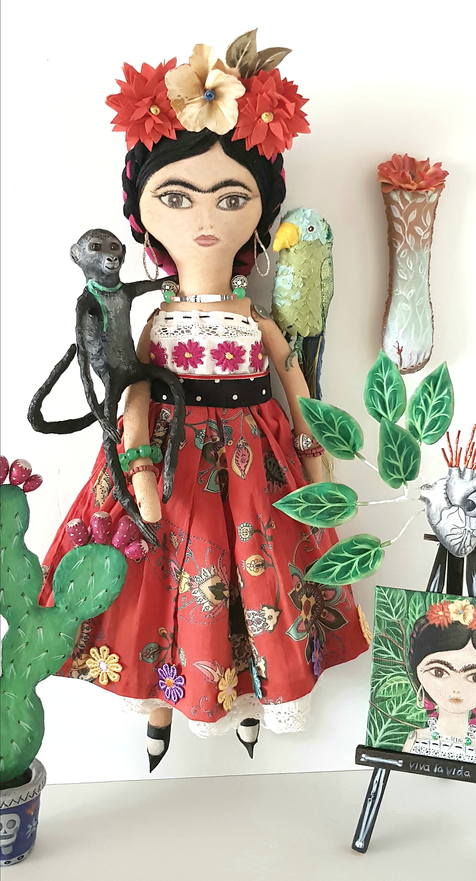 Frida Kahlo Doll, Textile Sculpture, Heirloom Doll With Parrot, Self ...