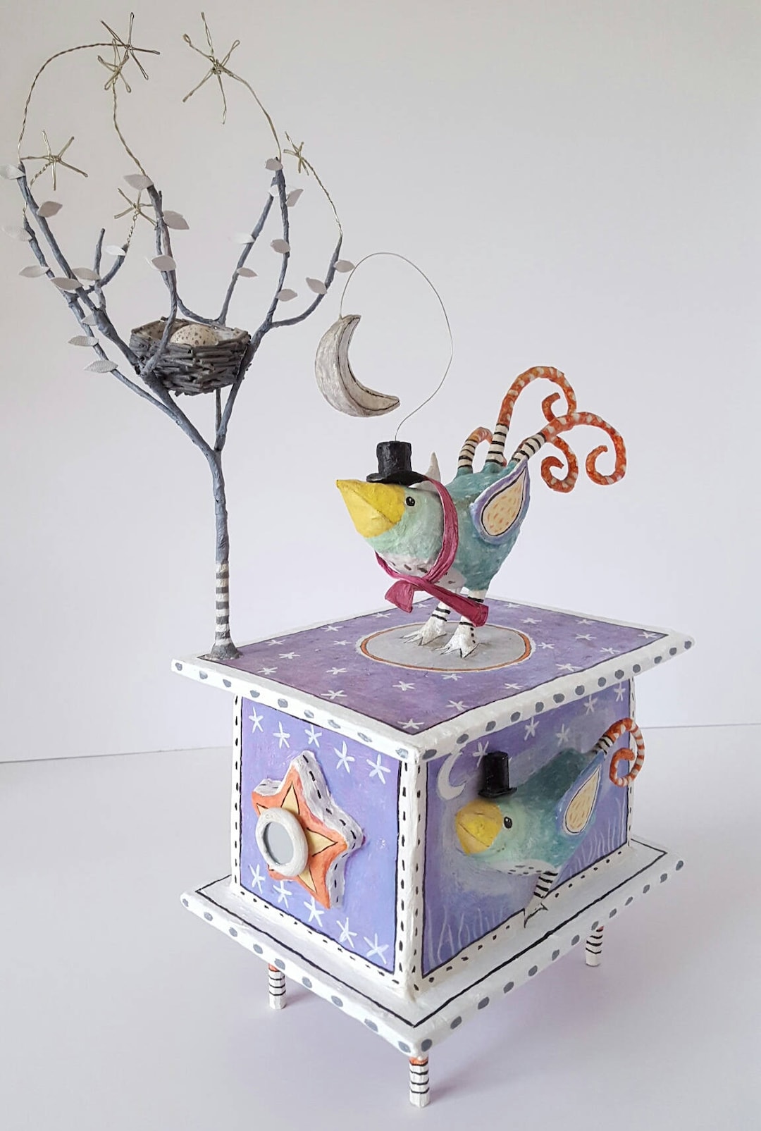 Papier Mache Box, Bird Sculpture. Bird With Warm Scarf, Nest, Egg, and ...