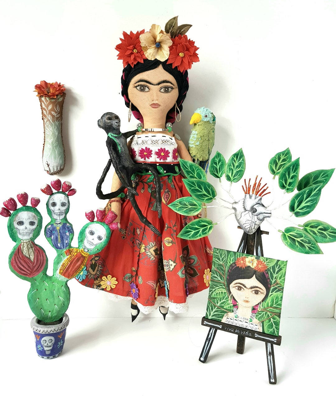 Frida Kahlo Doll, Textile Sculpture, Heirloom Doll With Parrot, Self ...