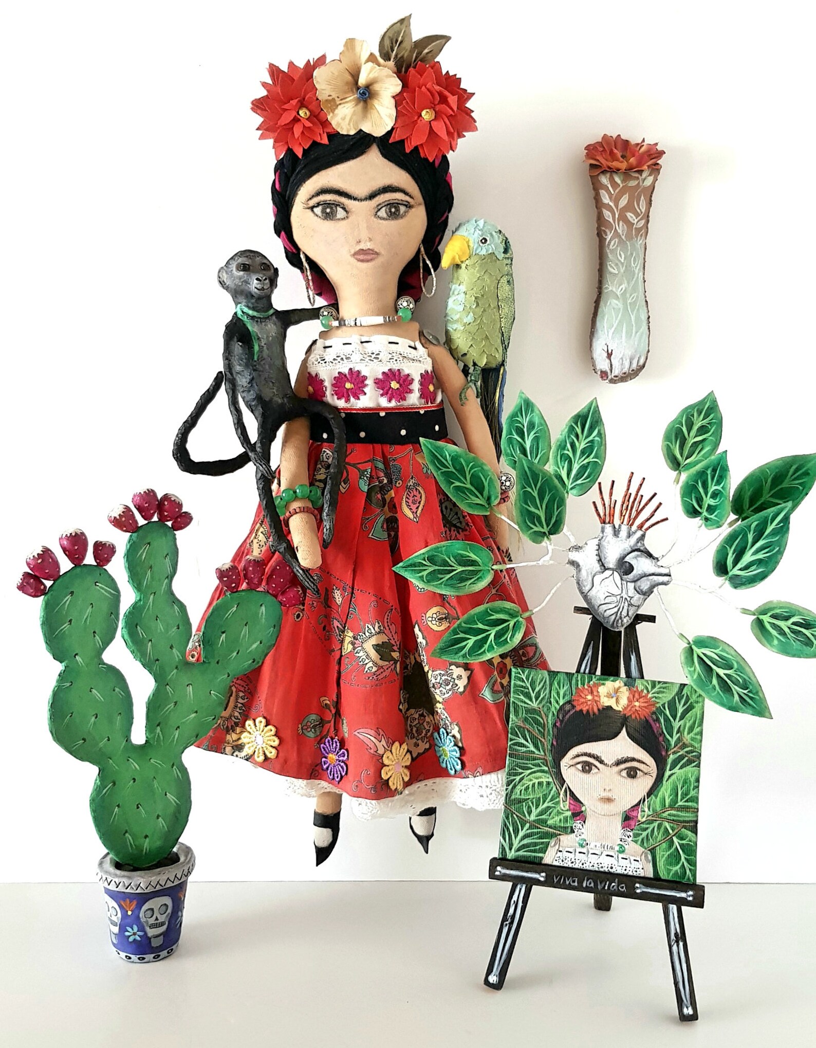 Frida Kahlo Doll, Textile Sculpture, Heirloom Doll With Parrot, Self ...