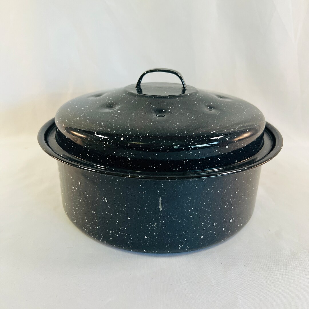 Speckled Enamelware Pot With Lid, Black With White Speckles, Vintage ...