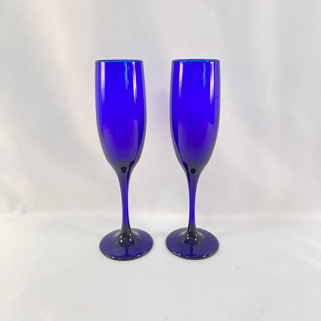 Set of 2 Vintage Cobalt Blue Champagne Flutes, Deep Blue Stemware, Deep ...