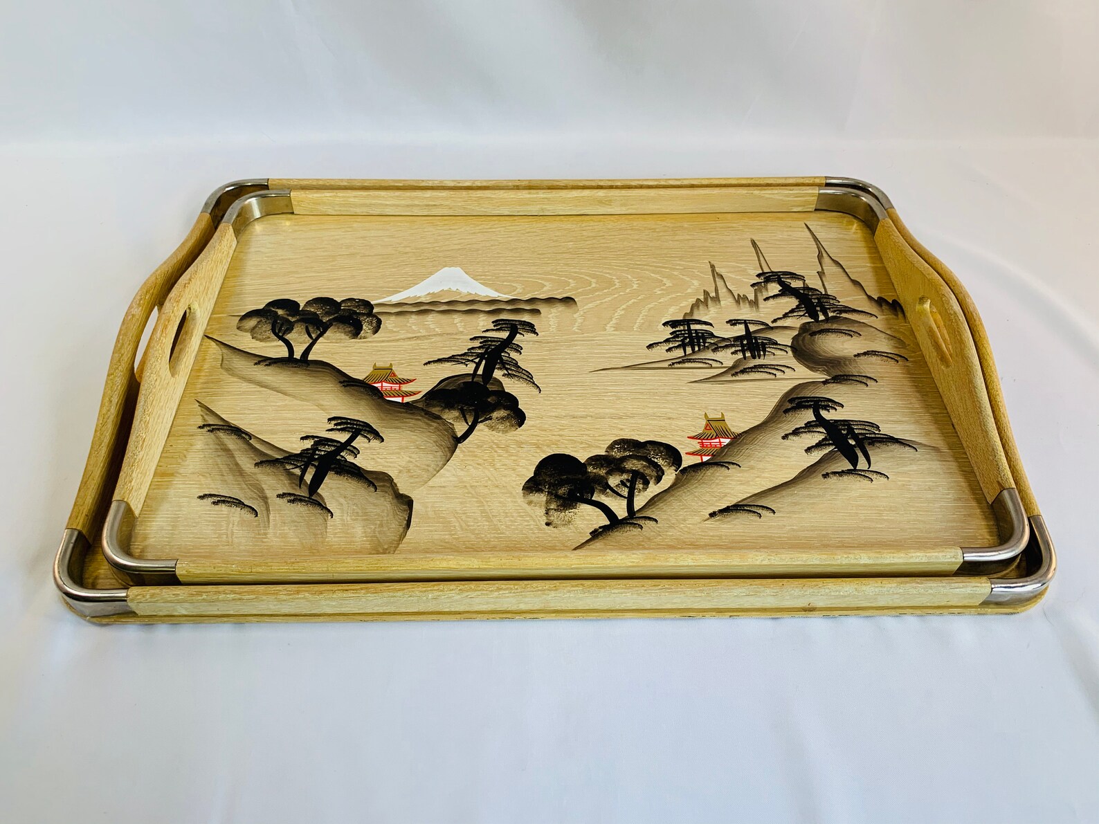 Set of 2 Hand Painted Asian Print Wood Trays with Silver Metal | Etsy
