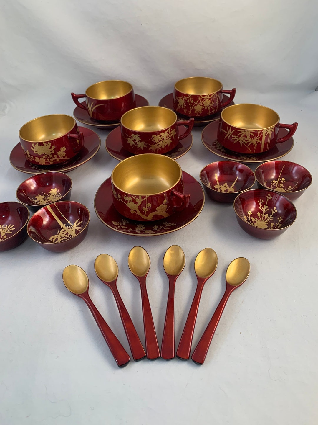 Lacquerware Set Asian Cups/saucers Sauce Bowls Spoons Cups - Etsy