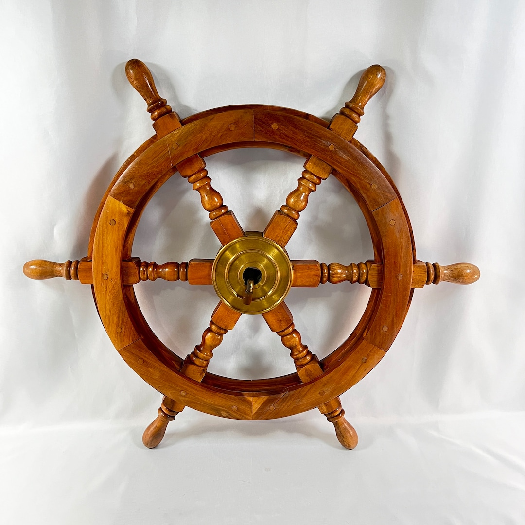 24-1/2" Solid Wood Ship Steering Wheel, Heavy Nautical Decorative Wall ...