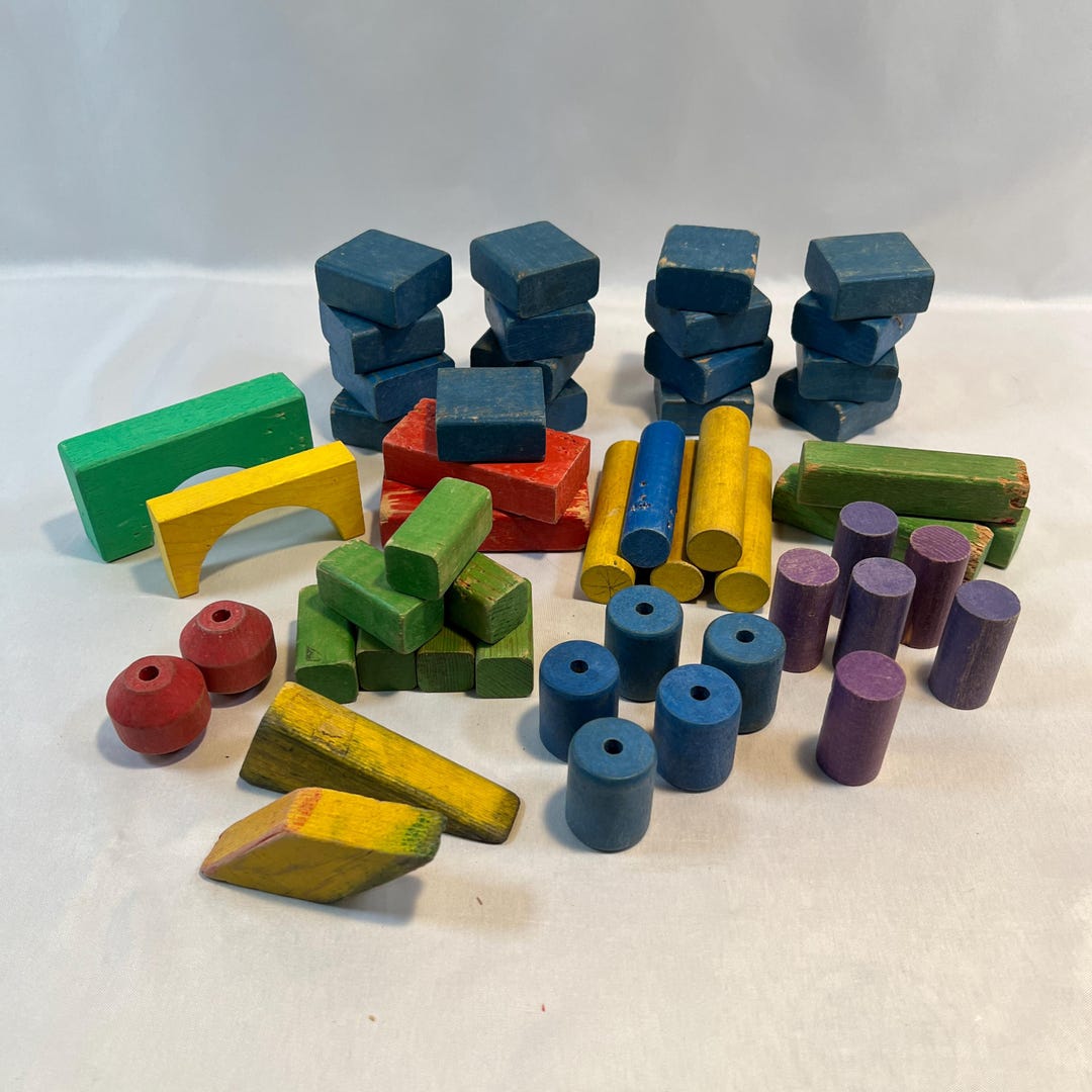 51 Vintage Painted Wood Blocks, Primary Color Blocks, Multiple Shapes ...