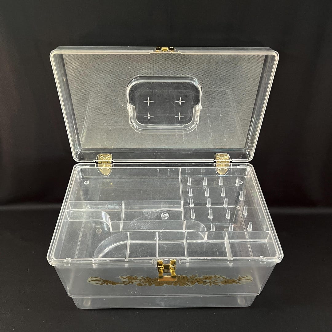 Vintage Plastic Storage/sewing Box, Clear With Gold Floral Design, Has ...