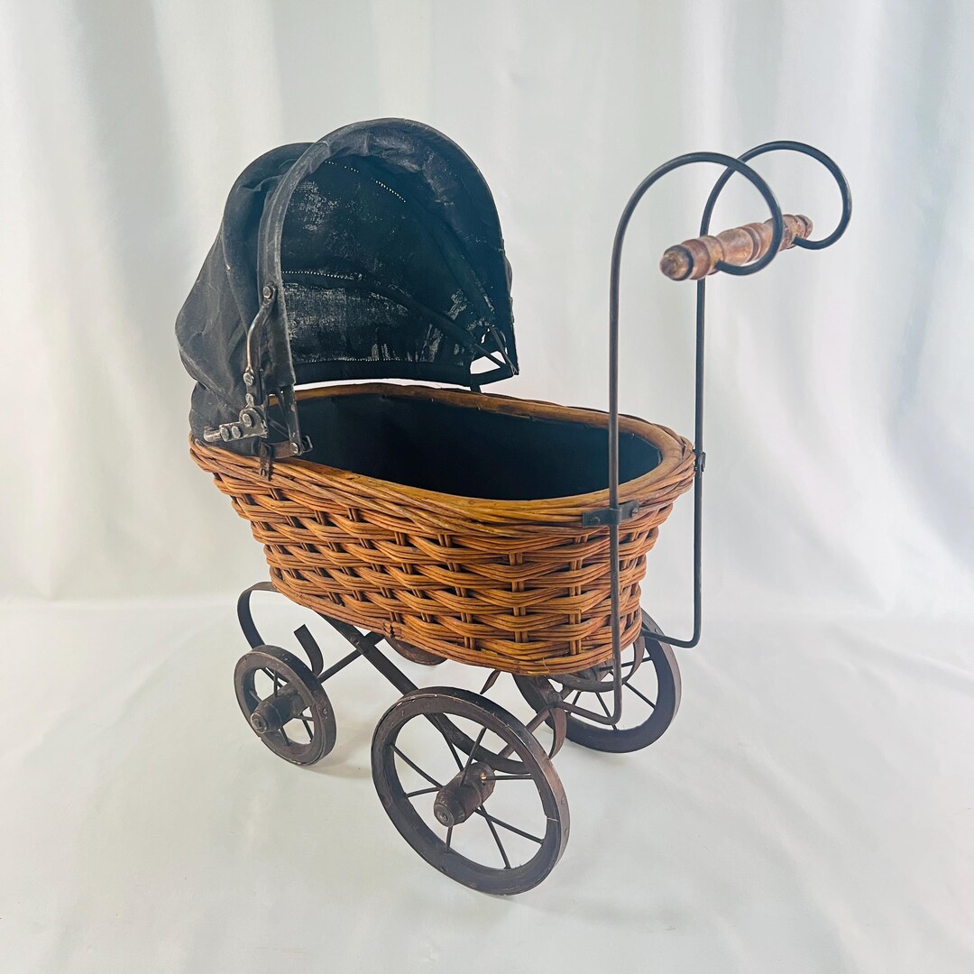 Vintage Wicker Baby Doll Carriage, Metal and Woods Wheels, Cloth ...