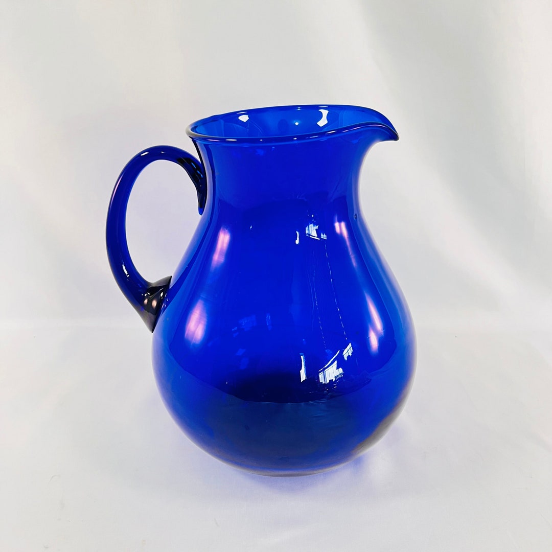 Cobalt Blue Glass Pitcher, Water, Lemonade, Ice Tea, Hand Blown, Holds ...