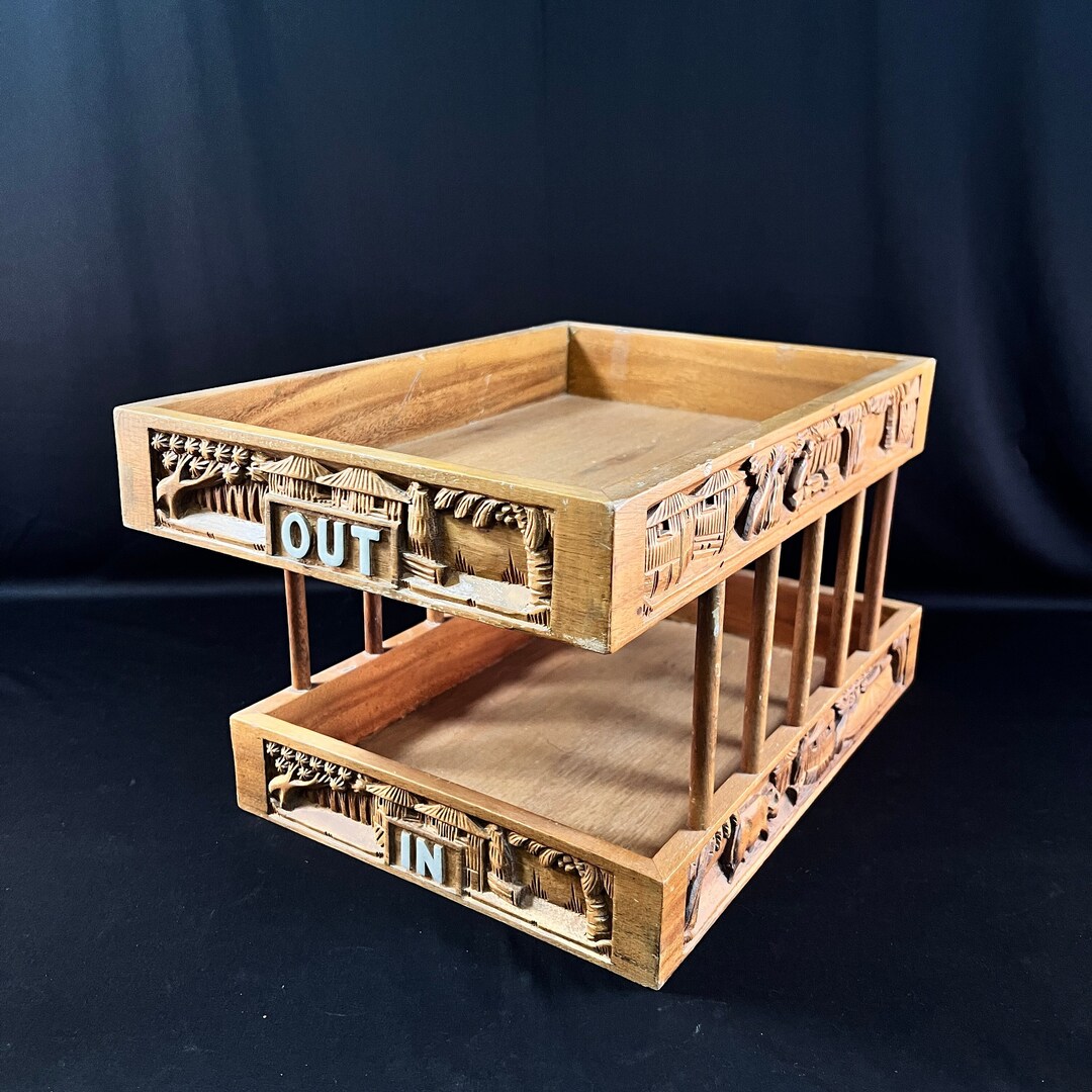 Beautiful Carved 2 Tier Wood In/out File, Detailed Carving Throughout ...