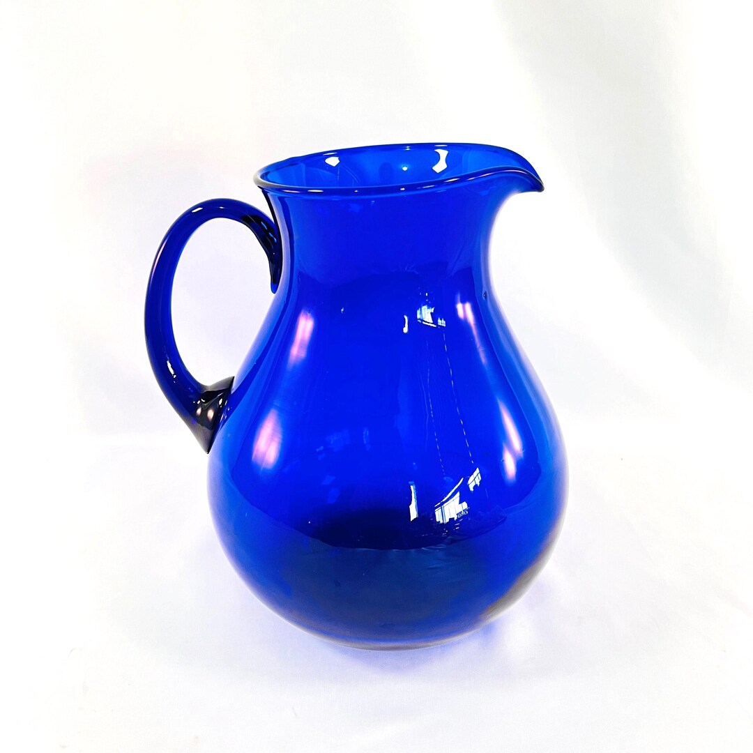 Cobalt Blue Glass Pitcher, Water, Lemonade, Ice Tea, Hand Blown, Holds ...