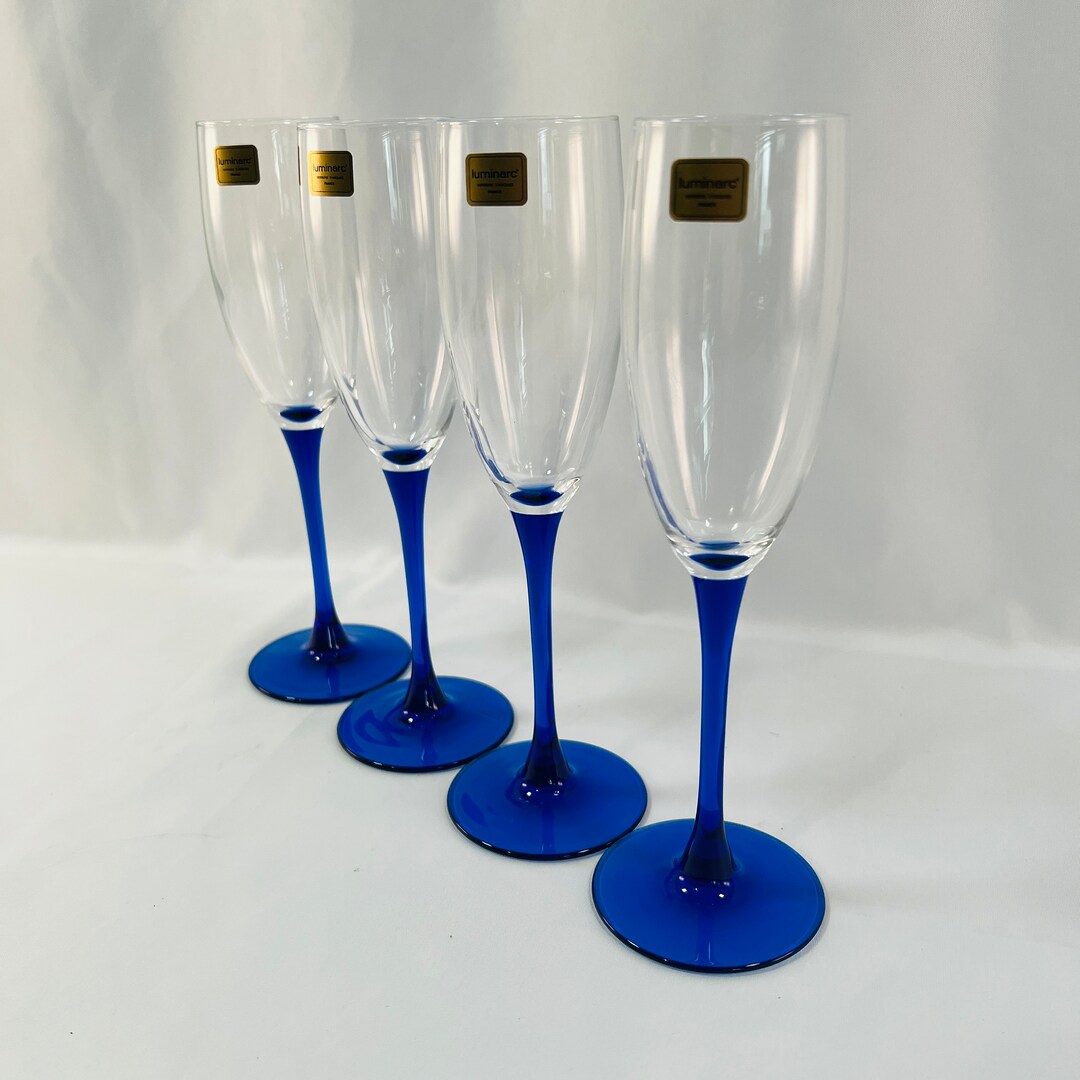 4 New/vintage Luminarc France Cobalt Blue Stem Champagne Glasses, Holds ...