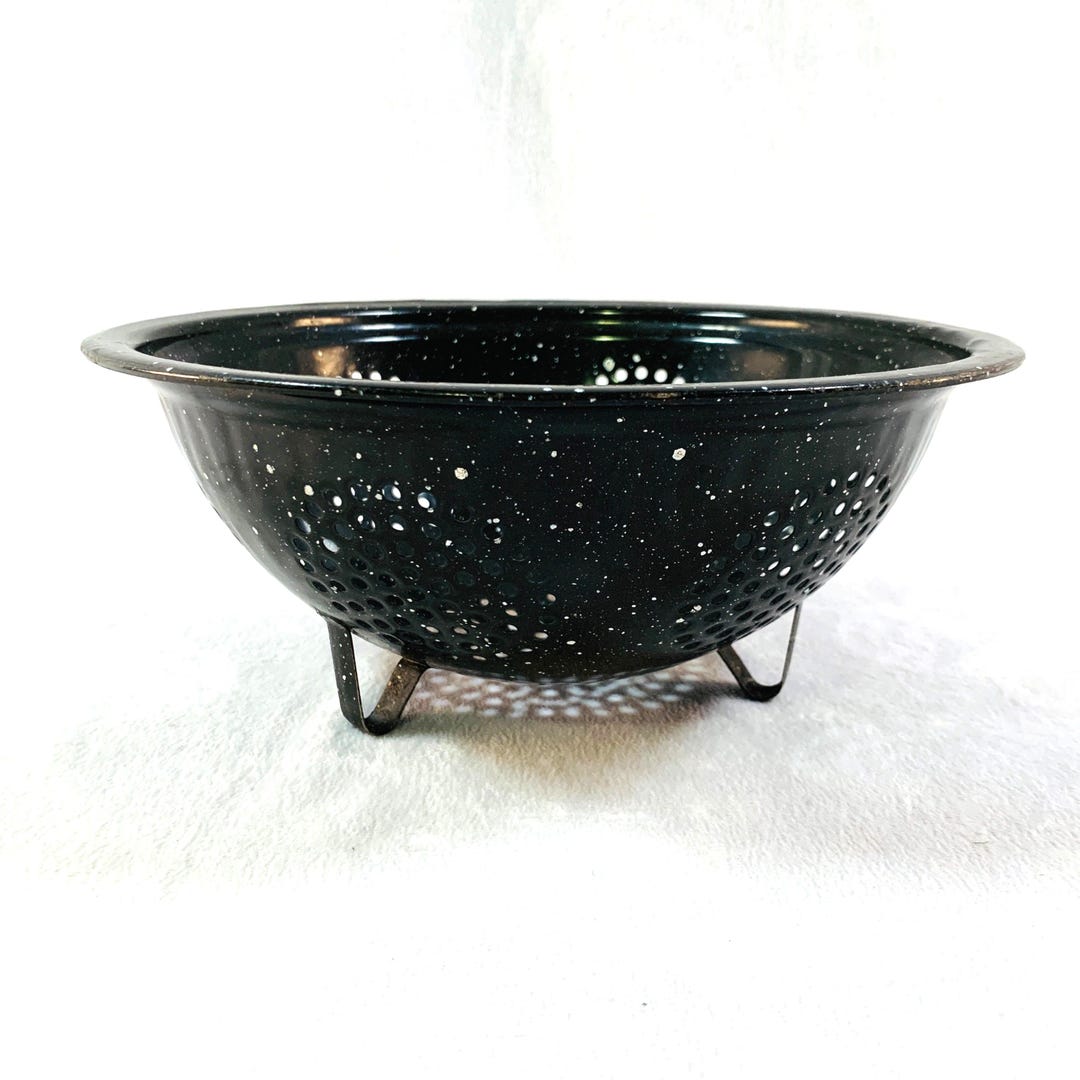 Black Enamelware Metal Colander With Circle Pattern Throughout, Hold ...