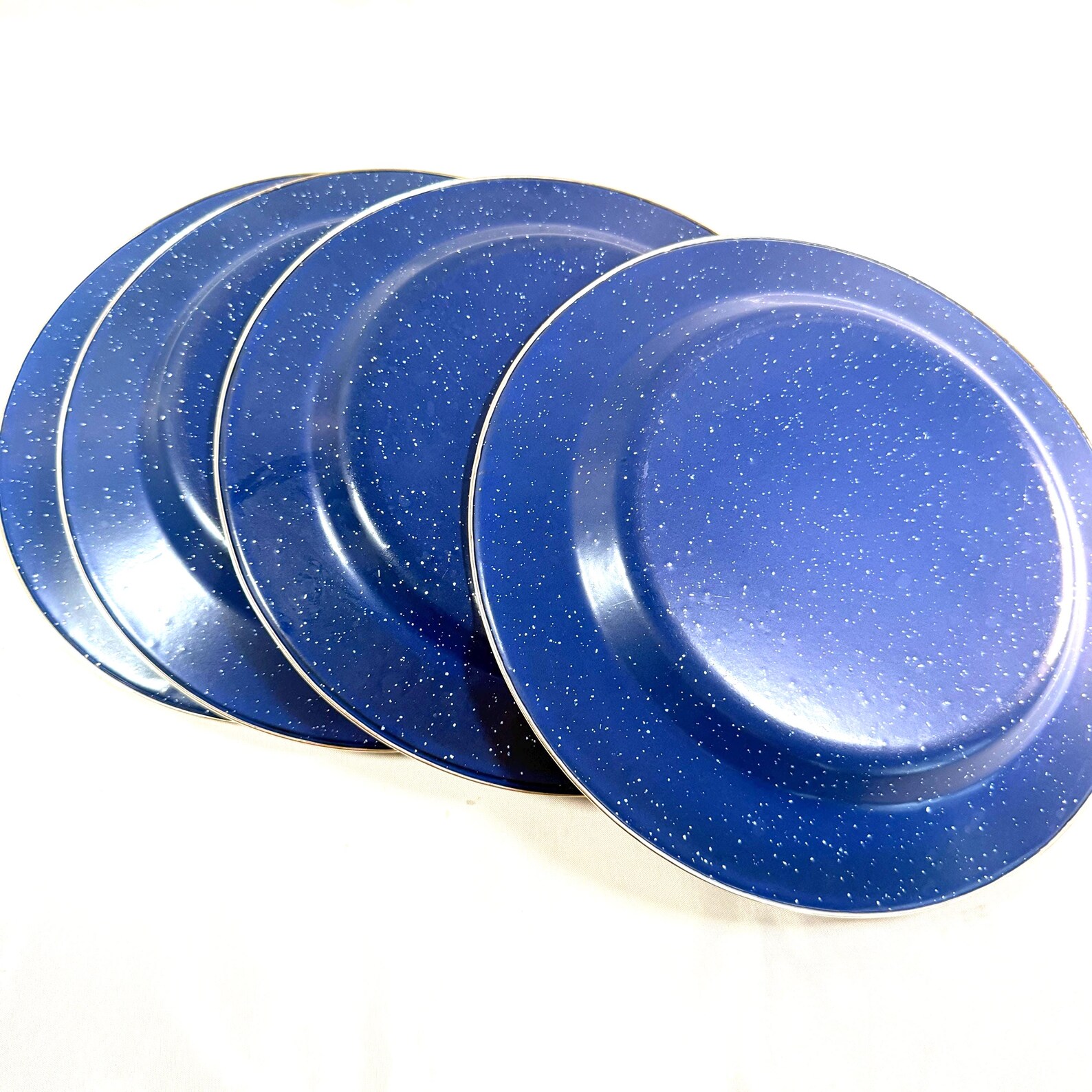 4 Blue Enamelware Dinner Plates, Deep Dish Design, Blue With White ...